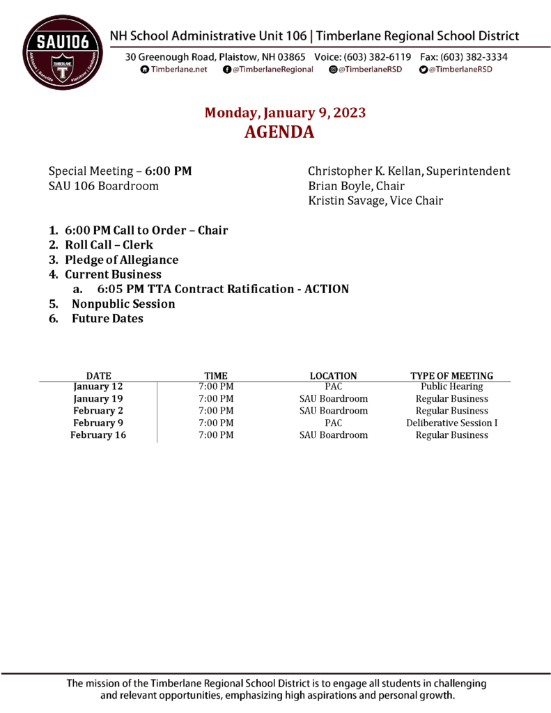 Special School Board Meeting 01 09 23 – Timberlane Regional School District Special School Board Meeting 01 09 23 – Timberlane Regional School District