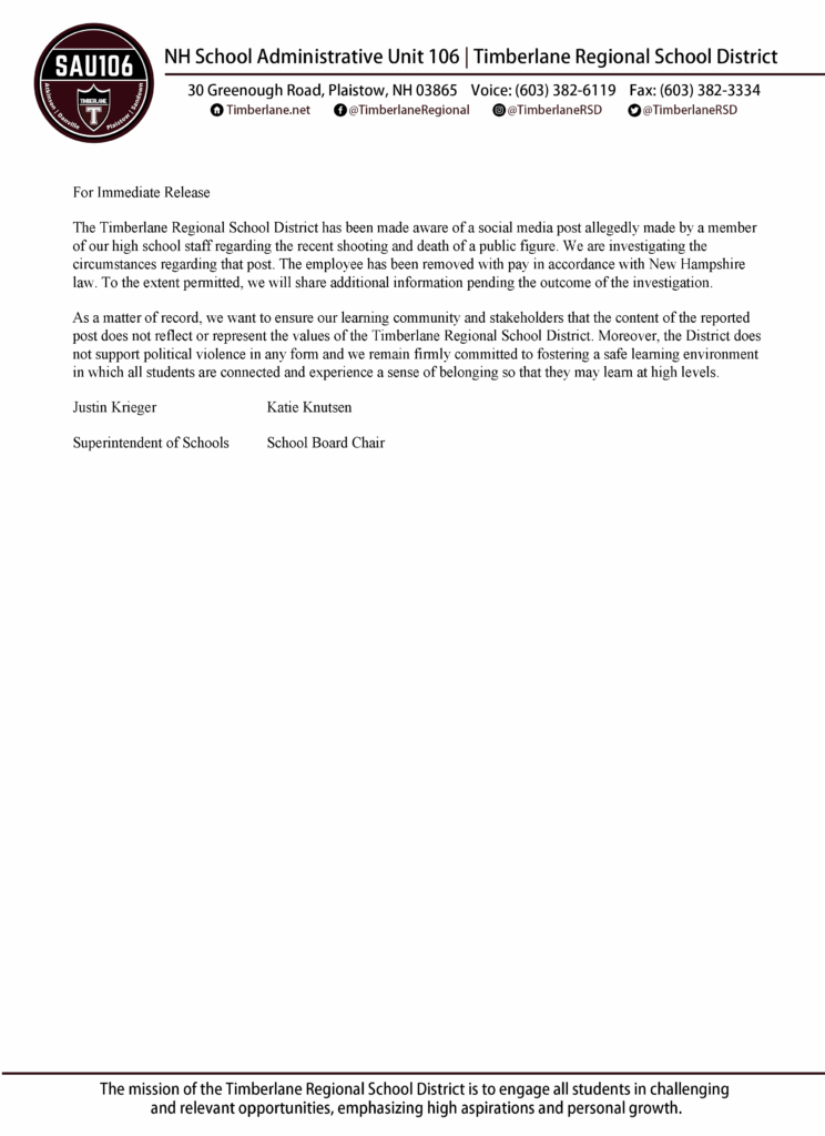 TRSD Press Release 9-12-2025 – Timberlane Regional High School