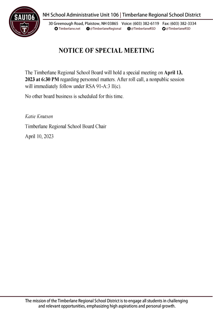 Special Meeting of the School Board Notice 04 13 23 – Timberlane ...