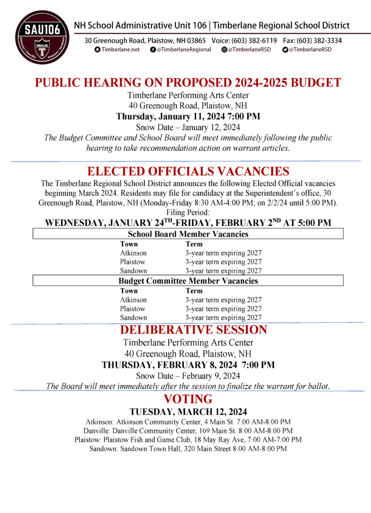 Public Notice Public Hearing and Deliberative Session – Timberlane ...
