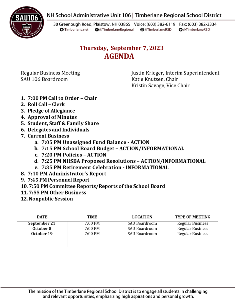 School Board Agenda 09 07 23 – Timberlane Regional School District