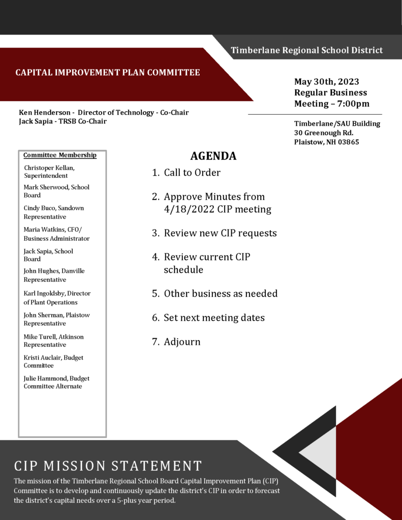 CIP Meeting Agenda 5-30-2023 – Timberlane Regional School District