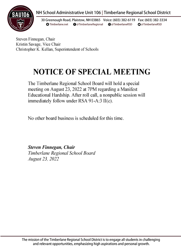 Notice of Special Meeting – 8/23/2022 – Timberlane Regional School District