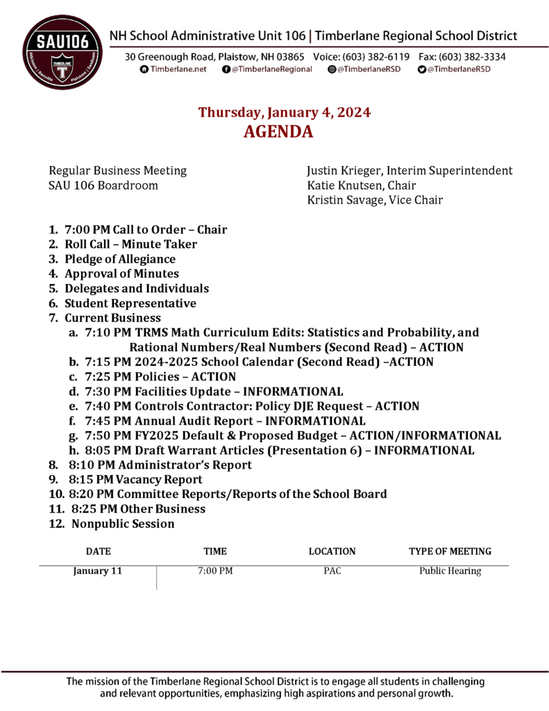 School Board Agenda 01 04 24 – Timberlane Regional School District