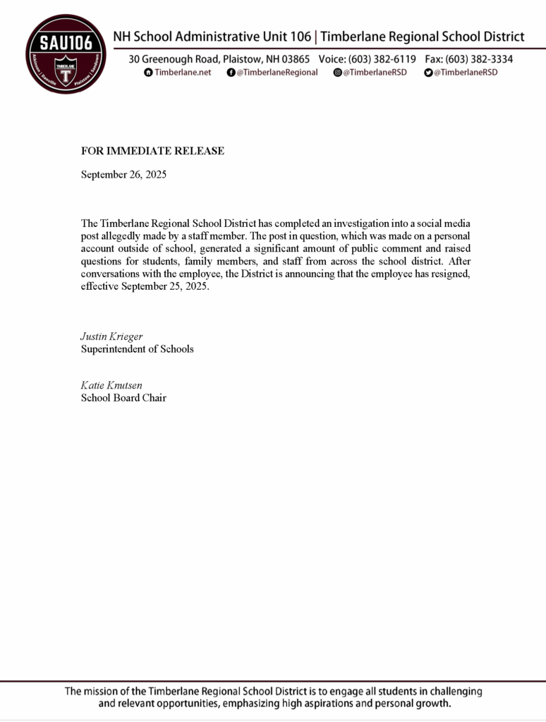 TRSD Press Release 9-26-2025 – Timberlane Regional School District